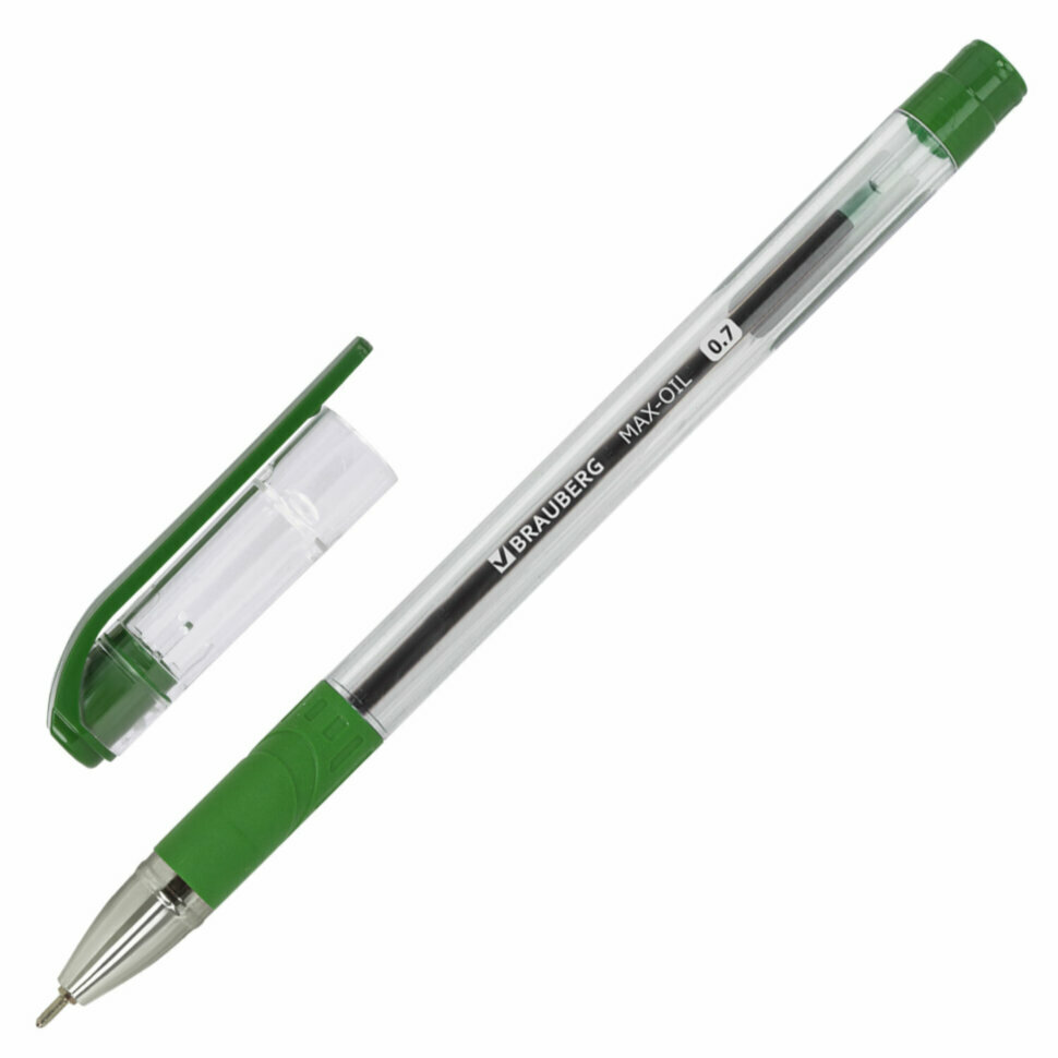Ручка шариковая масляная с грипом BRAUBERG "Max-Oil", зеленая, игольчатый узел 0,7 мм, линия письма 0,35 мм, 142144, 142144
