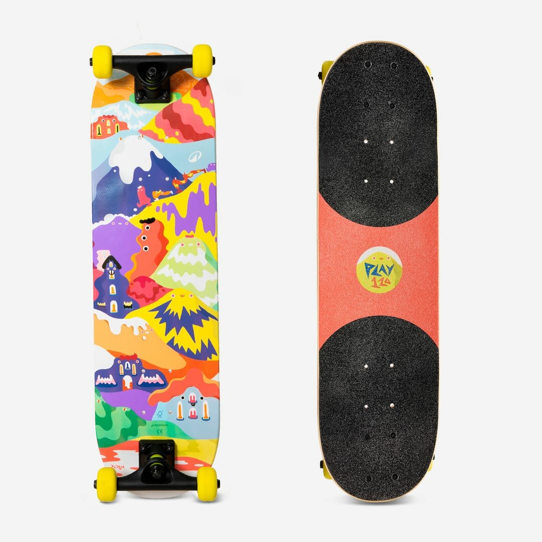 DECATHLON скейтборд Decathlon Play 120 Happy Mountains, флуоресцентный кораллово-оранжевый, 7.25"