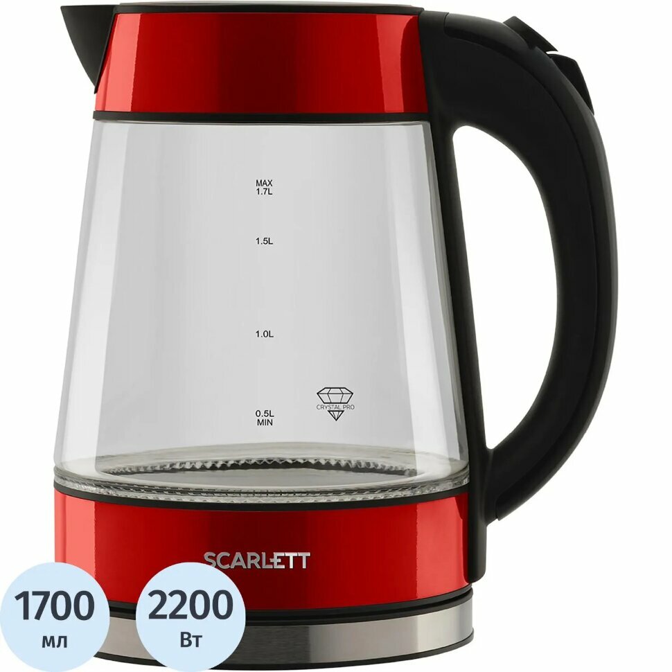 Чайник электрический SCARLETT SC-EK27G79, стекло, 2200Вт, 1.7л, красный, 1986761