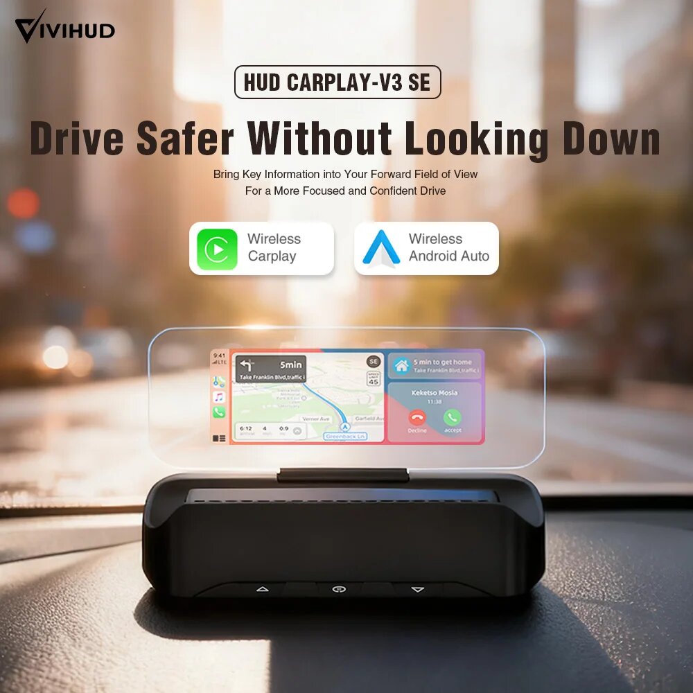 Автомобильный GPS-проектор на лобовое стекло с беспроводным CarPlay, Android Auto, диагностикой и предупреждениями о скорости