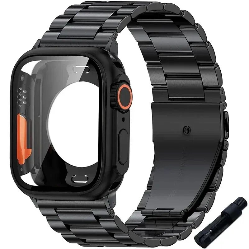 Металлический ремешок из нержавеющей стали Чехол для Apple Watch Band 44 мм 45 мм 41 мм 40 мм, Сменный чехол для ПК, Ультра бампер для iWatch 9 8 7 6 SE 5 4
