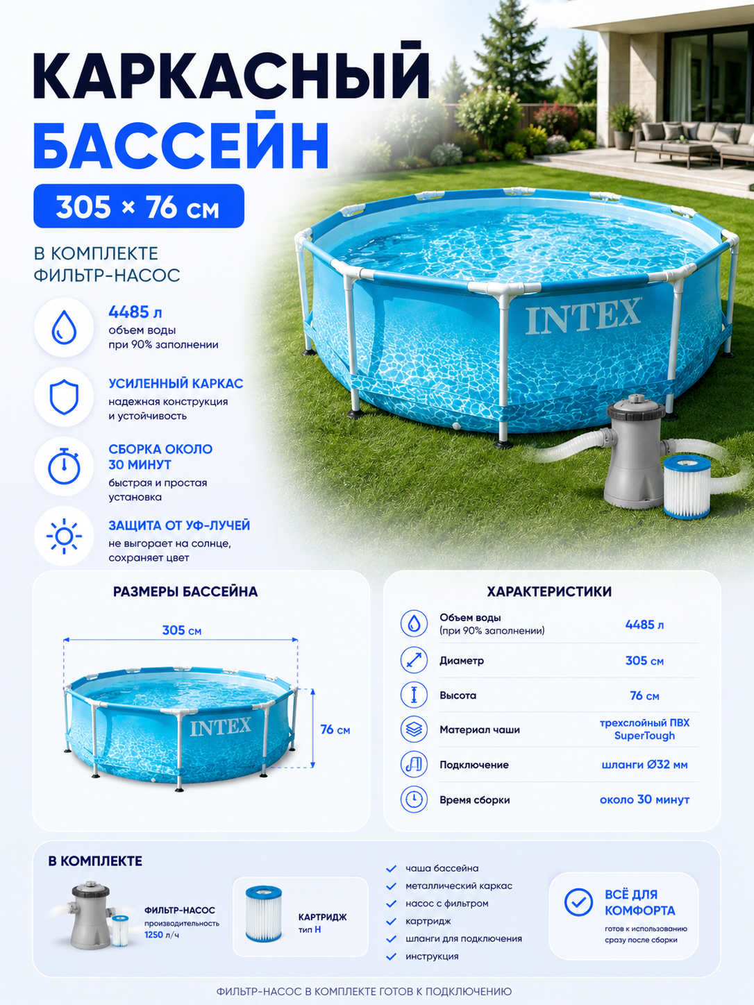 Круглый каркасный бассейн Intex 305х76см + фил.-насос 1250л/ч