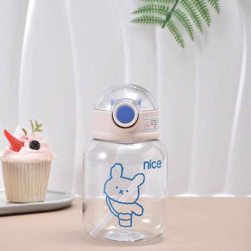 Kids plastic drinking cup with cartoon pattern and easyuse pop lid for outdoor activities, blue