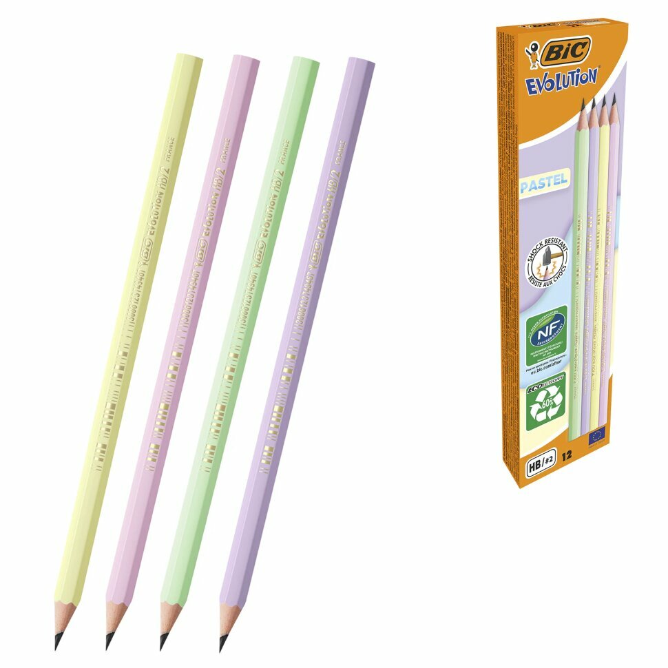 Карандаш чернографитный BIC, 1 шт, "Evolution Pastel", HB, без ластика, корпус ассорти, 518307, 60 штук, 182215