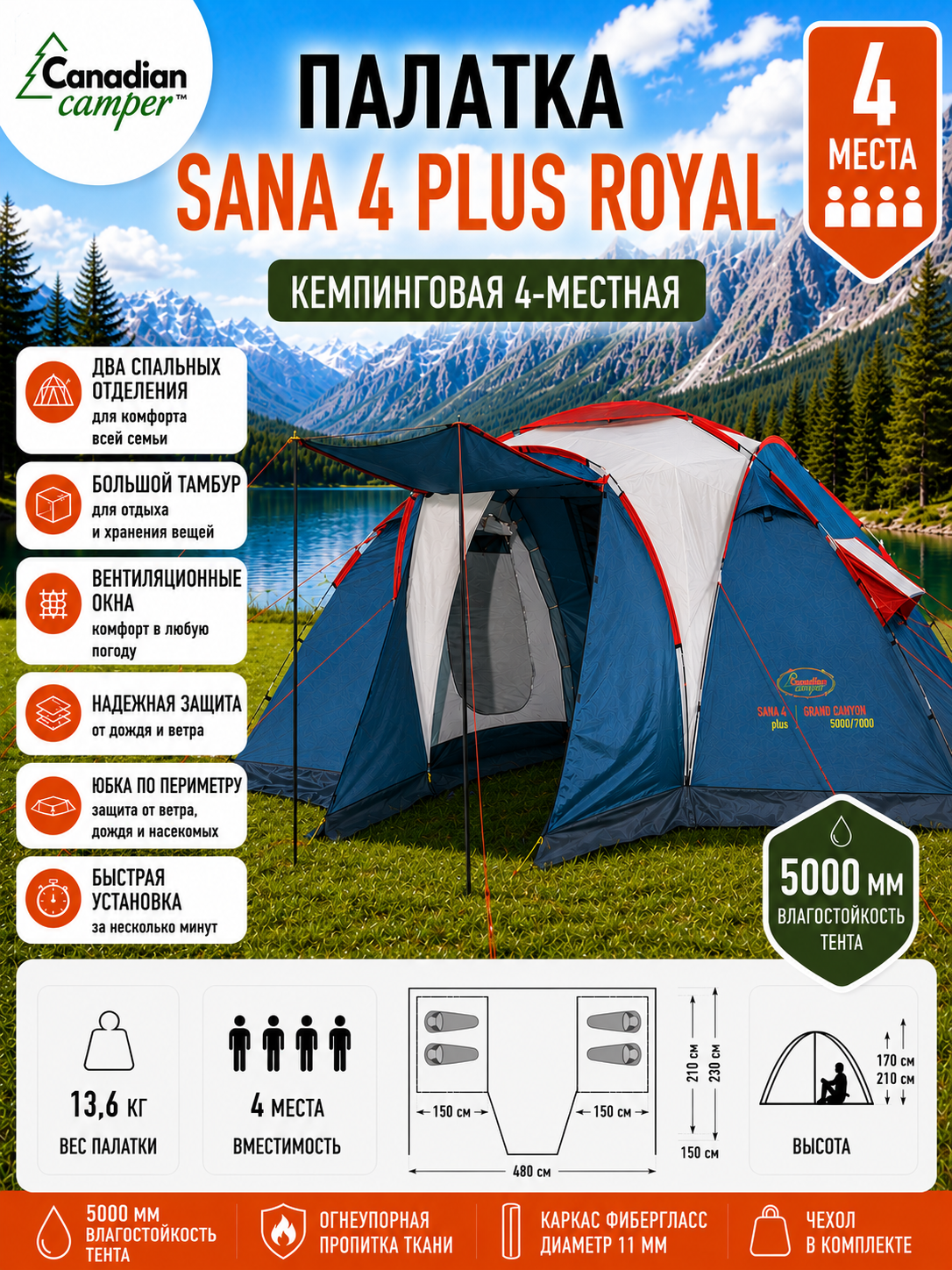 Палатка Canadian Camper Sana 4 Plus royal, кемпинговая 4 местная палатка с двумя спальными отделениями, водонепроницаемая 5000 мм, с защитой от дождя и ветра, для туризма и отдыха на природе