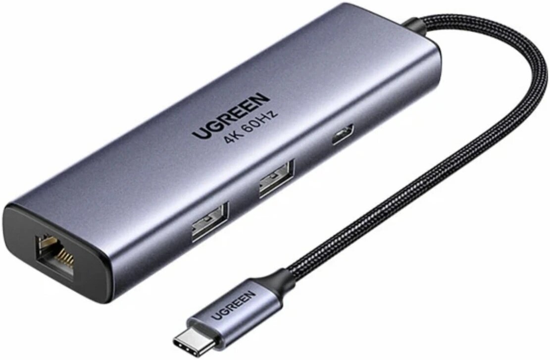 Хаб UGREEN CM512 75643 6в1, премиумсерая модель с USBC, DP, двумя портами USBA, RJ45 и PD 3.0