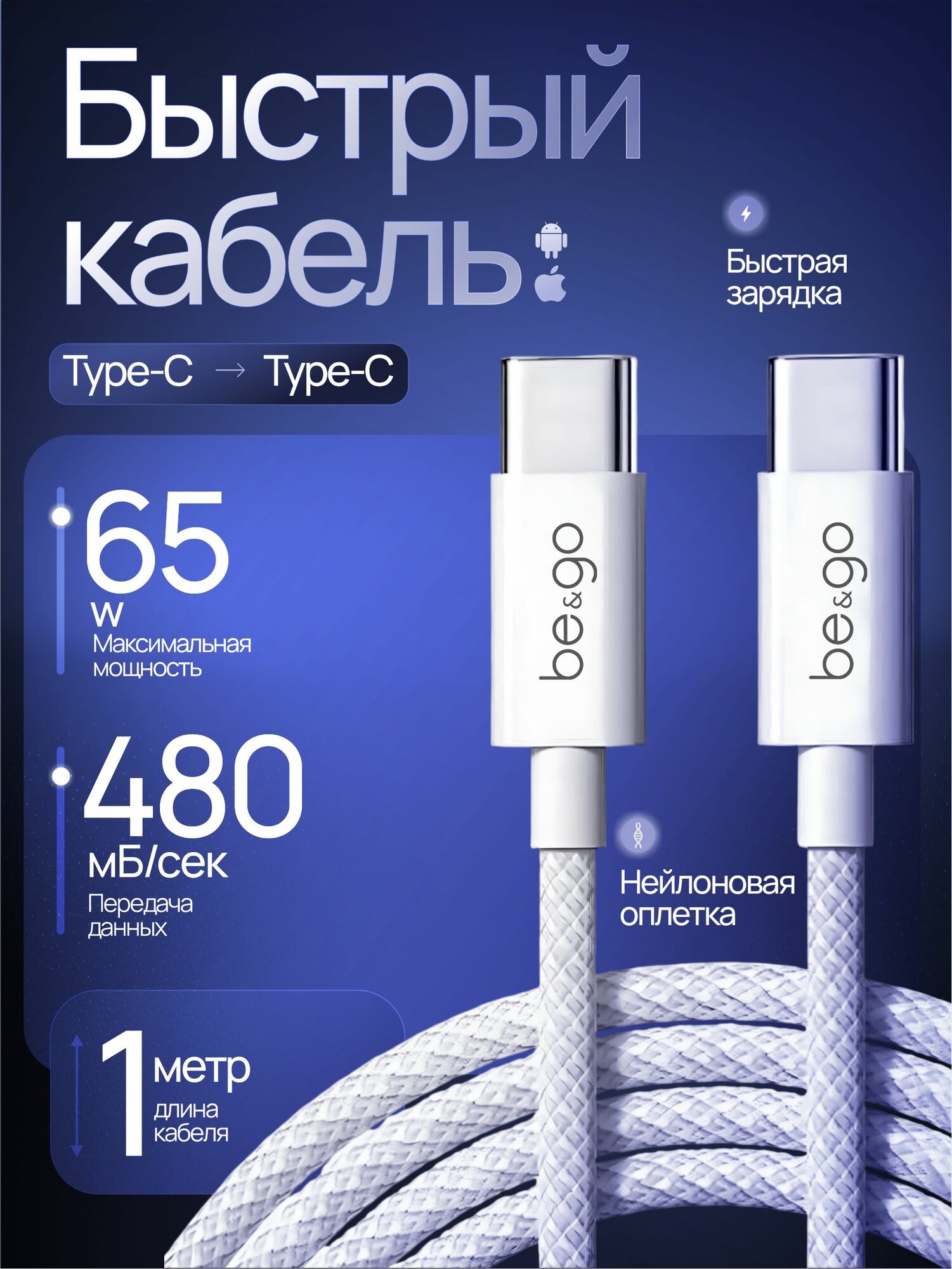 Кабель Type C Type C / Кабель usb type c / Провод type c быстрая зарядка /1 метр / Плетеный кабель iPhone 15-17 iPhone 16 кабель быстрой зарядки
