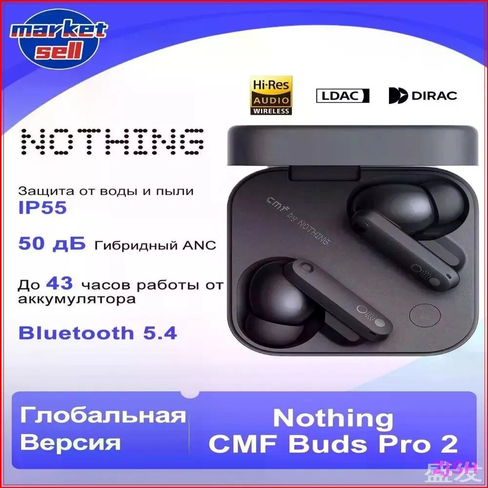 Наушники беспроводные с микрофоном CMF Buds Pro 2, Bluetooth, USB Type-C, серый