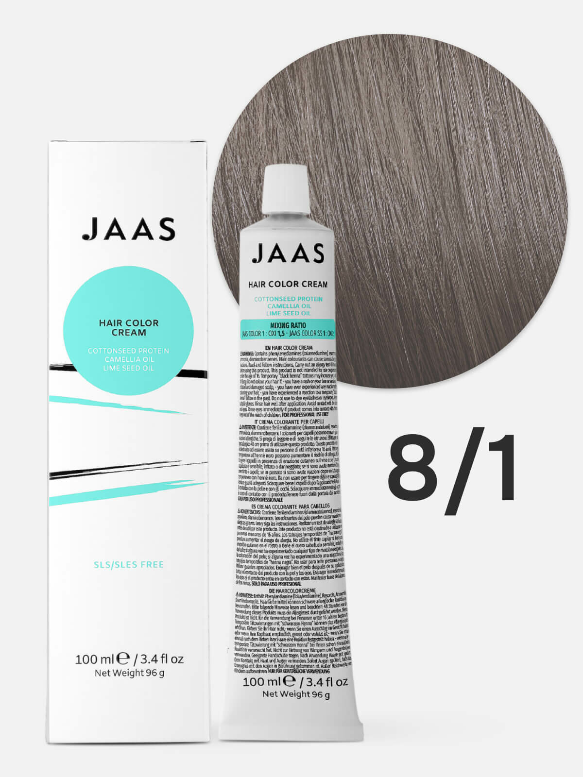 Крем - краска для волос профессиональная Jaas 8/1 Светлый русый Пепельный, 100 мл