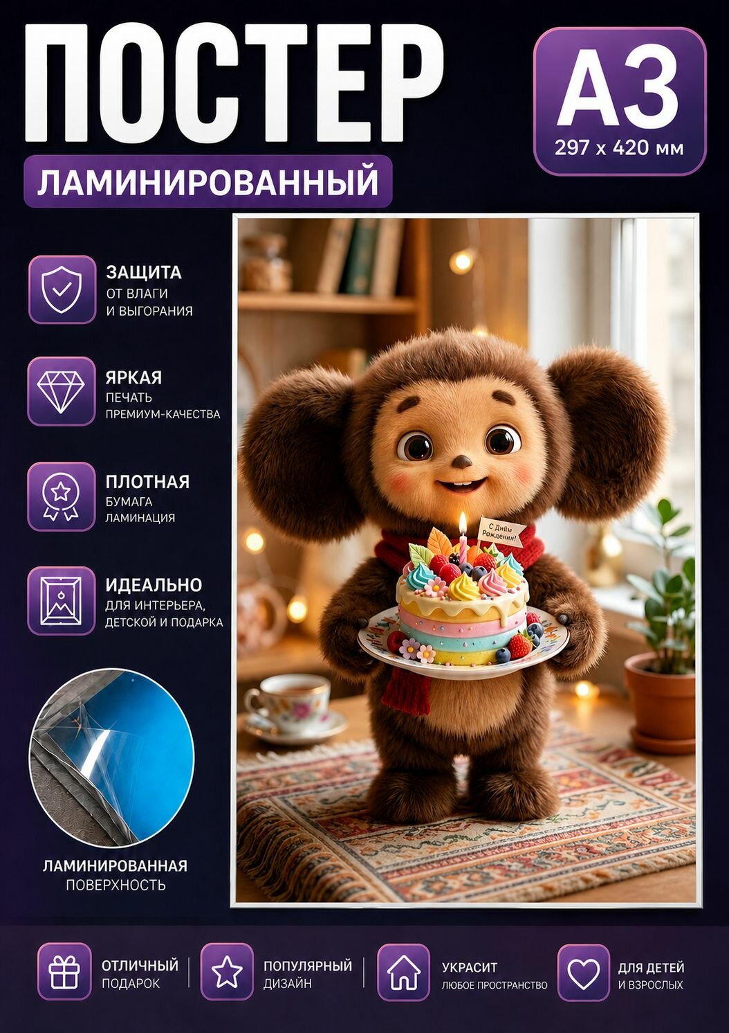 Постер ламинированный "Чебурашка"