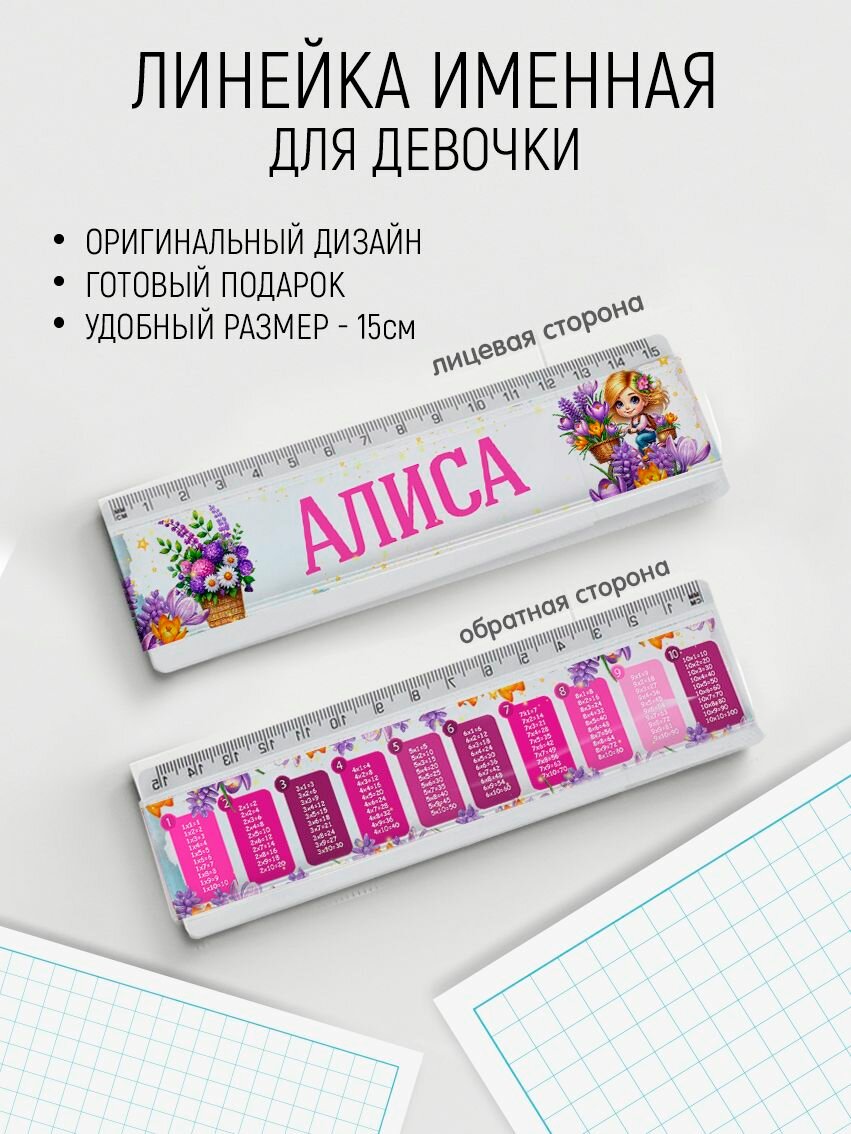 Именная линейка для девочки "Алиса", пластиковая, 15см
