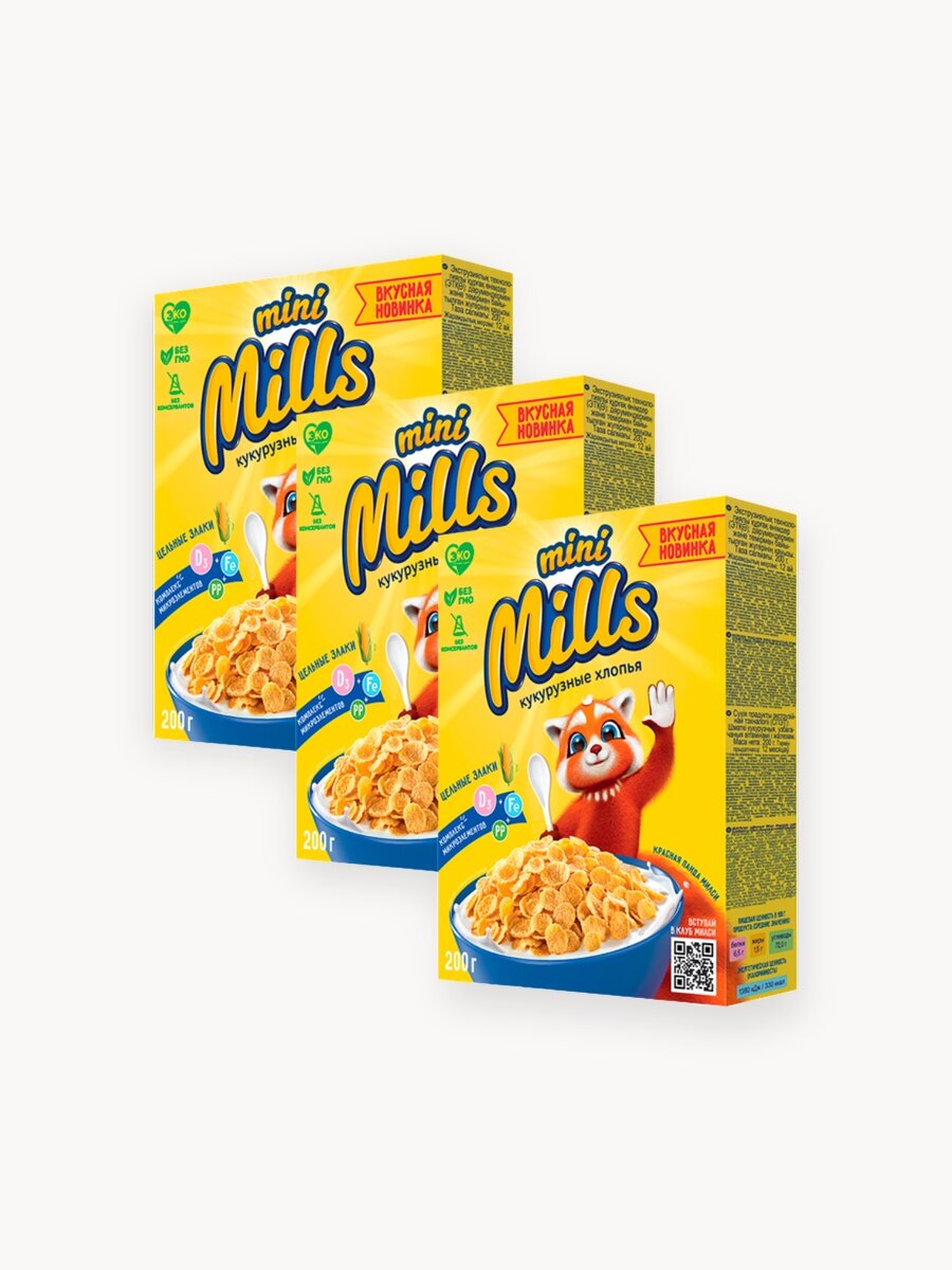 Набор Хлопья кукурузные Mini Mills, обогащенные витаминами и железом 200г х 3шт