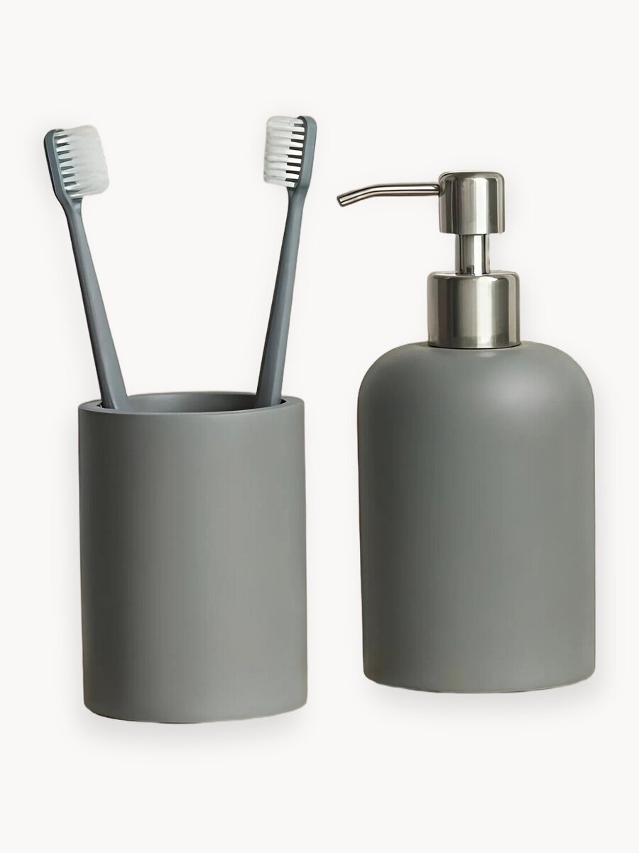 Набор для ванной комнаты аксессуаров бетонный, дозатор для мыла и стакан / 2 шт серый матовый