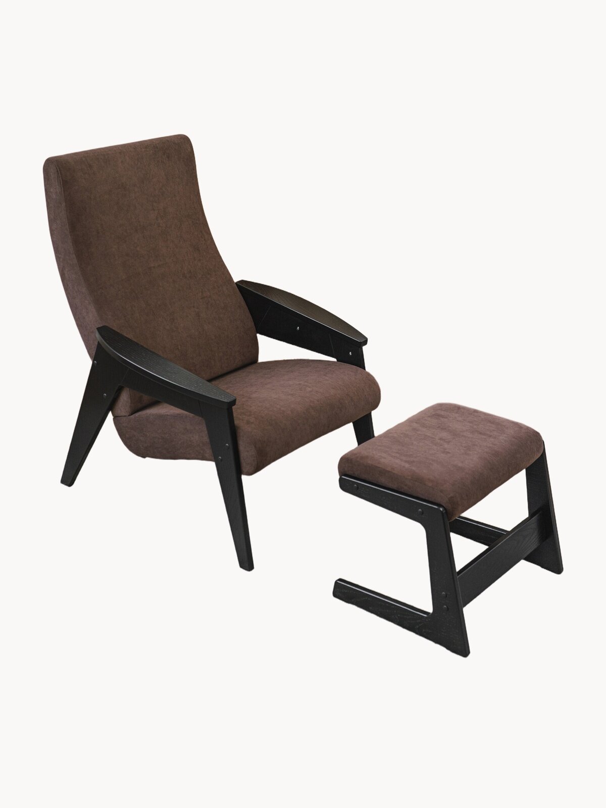 Кресло мягкое для отдыха с пуфом для ног, в гостиную, на балкон, интерьерное, ретро стиль, цвет коричневый