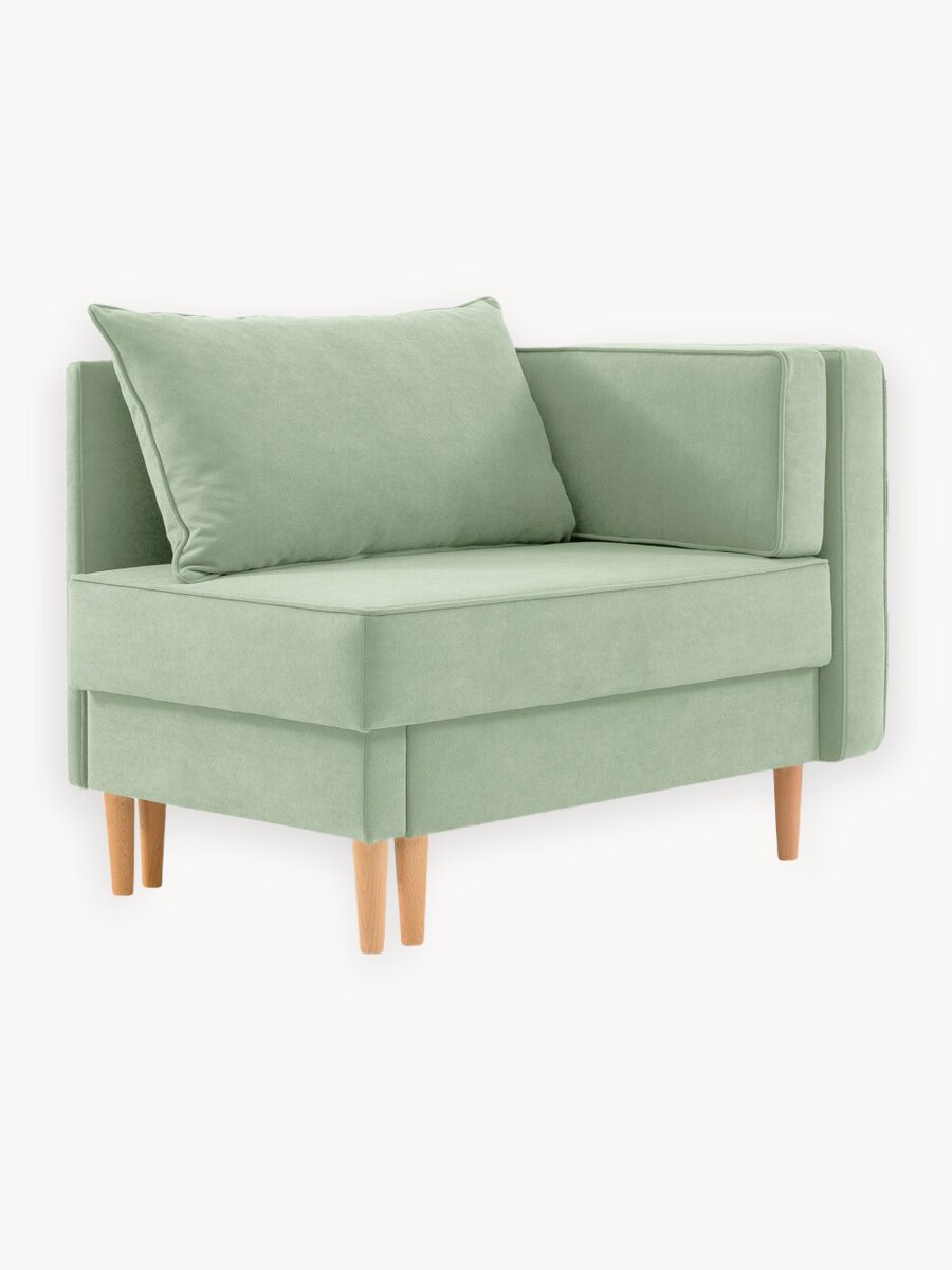 Кушетка диван Джойс 105х68х77 см, раскладная односпальная с ящиком. Велюр-Коннект 70 цвет светло-зеленый, угол правый