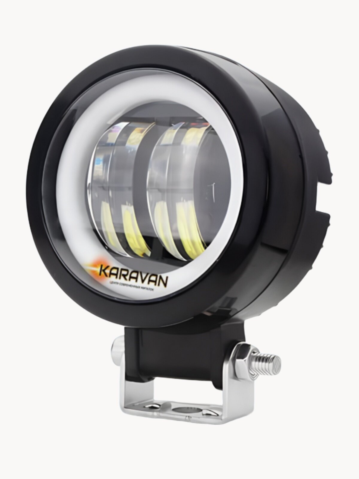 Круглая фара ближнего света на мото и авто с кольцом ДХО с четкой СТГ 20 Ватт диаметр 75 мм