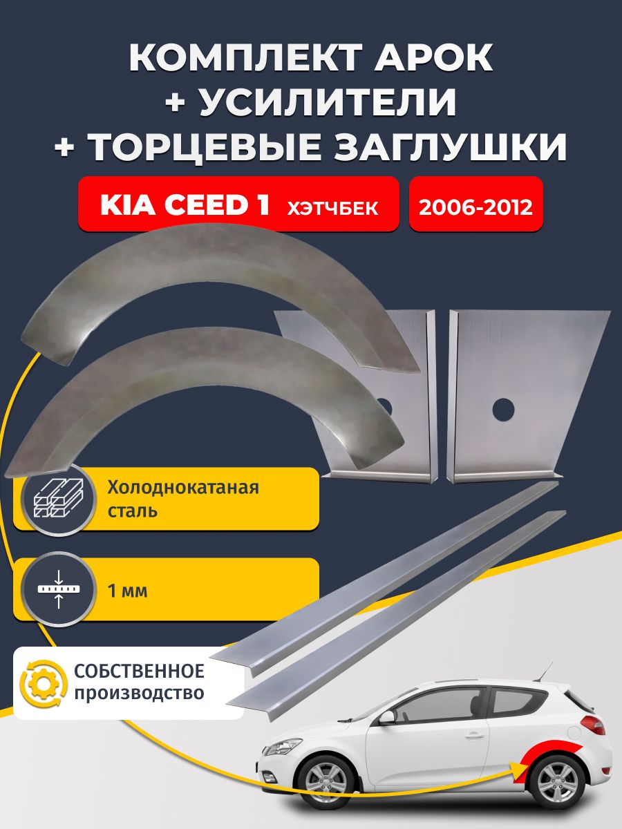 Комплект ремонтных задних арок (0,8 мм) + торцевые заглушки (1 мм) + усилители (1 мм) на Kia Ceed 1 2006-2012 хэтчбек 3 дв (Киа Сид 1). Холоднокатаная сталь