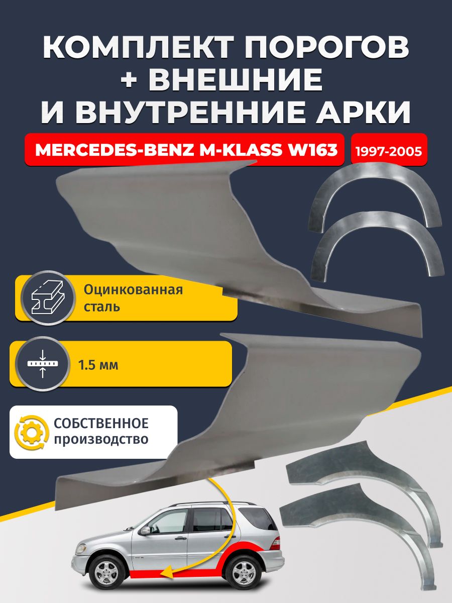 Комплект ремонтных задних внешних и внутренних арок (0,8 мм) + комплект стандартных ремонтных порогов , на Mercedes-Benz M-klass W163 1997-2005 (Мерседес В163) Оцинкованная сталь 1.5 мм