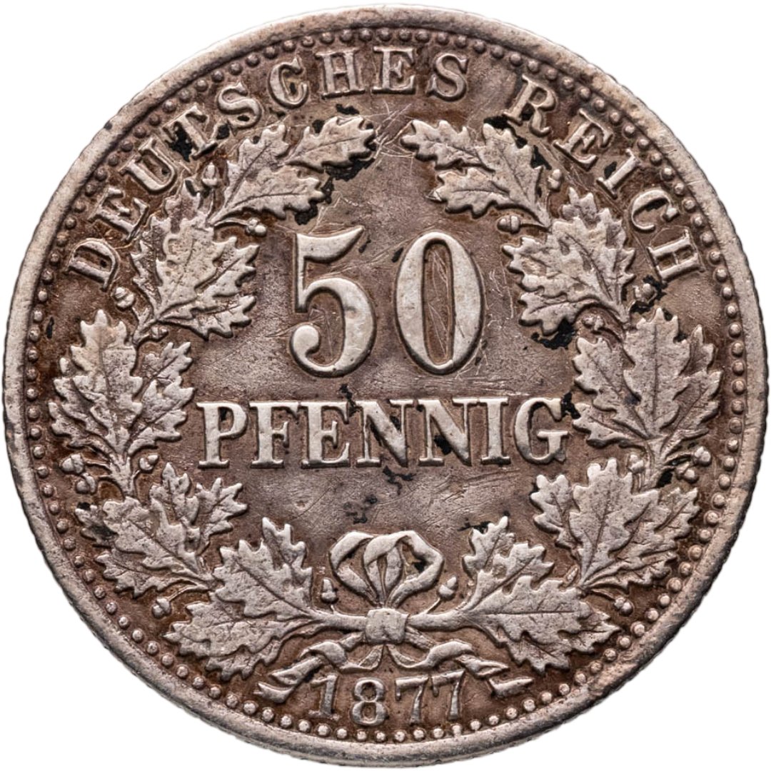 Германия 50 пфеннигов 1877 E Венок на аверсе знак монетного двора: "E" - Дрезден, Серебро 900, в сохранности VF-XF