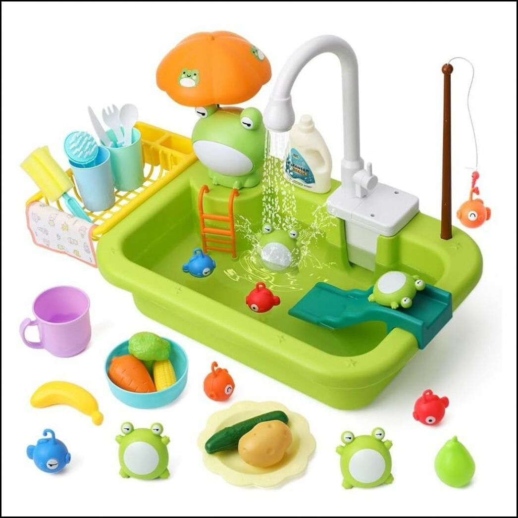 Эксклюзивный игровой набор для кухни с водяным насосом, 23 элемента в зеленом дизайне Лягушка