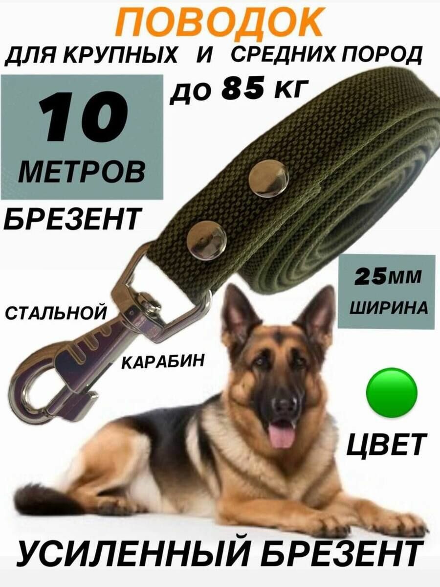 Поводок брезентовый 10 м х 25 мм хаки для собак средних и крупных пород