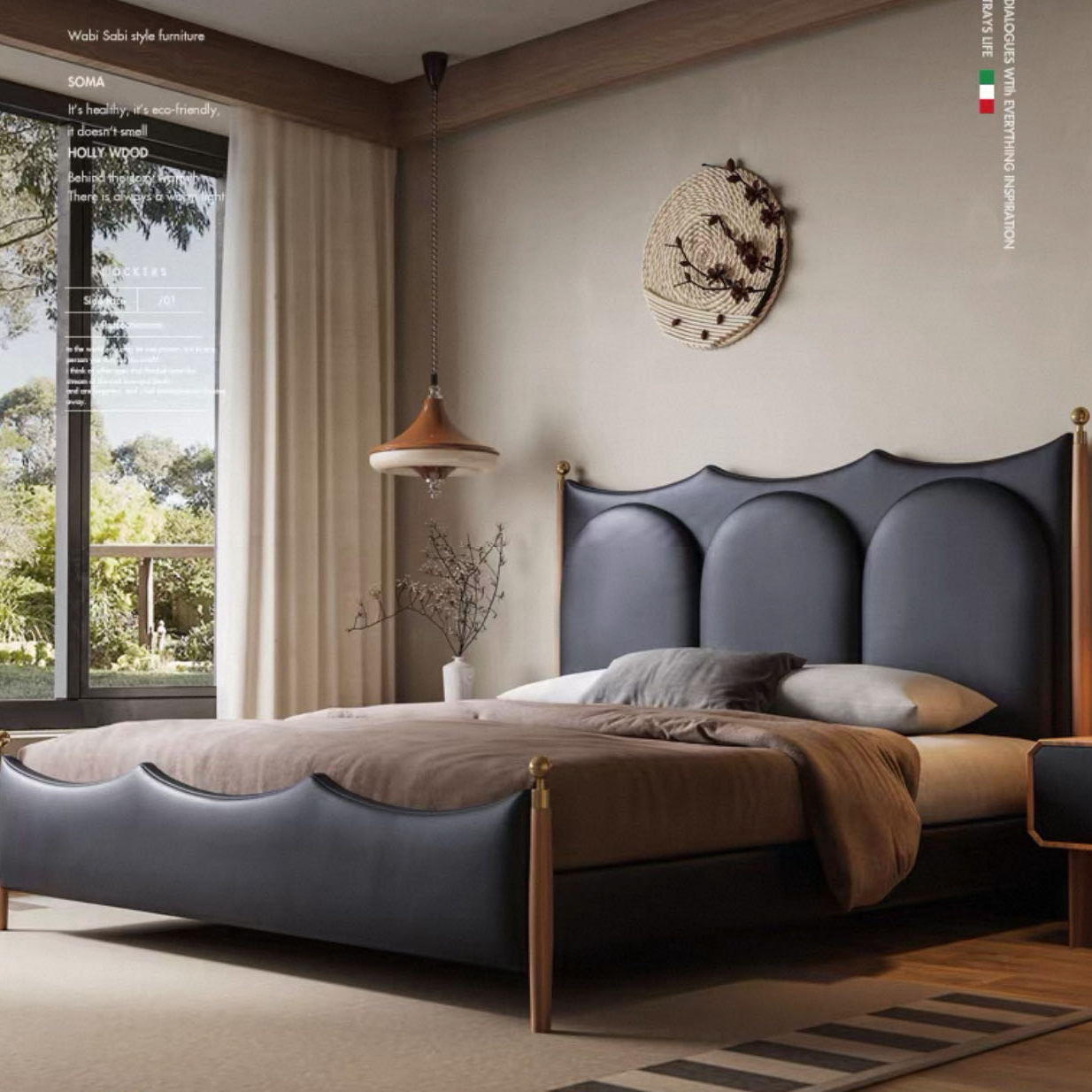 Интерьерная кровать с высоким кожаным изголовьем и изножьем Landais (черный)