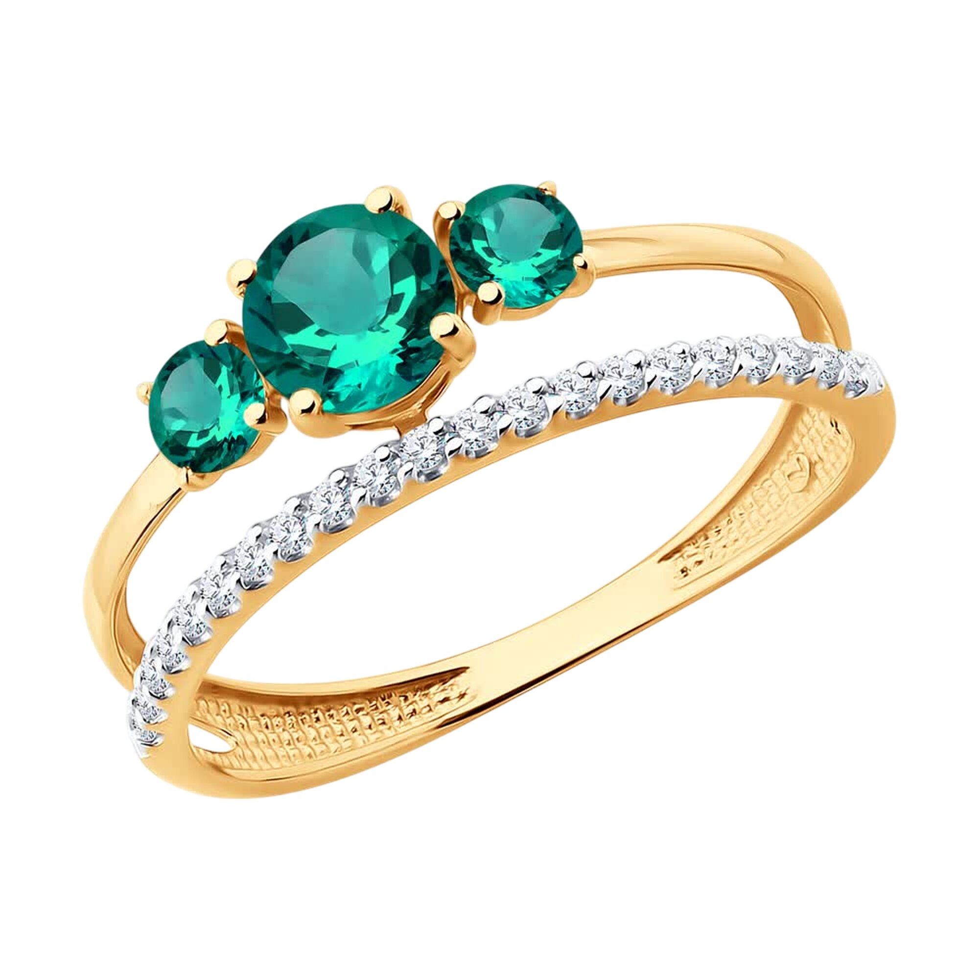 Кольцо, красное золото, 585 проба, фианит, изумруд синтетический