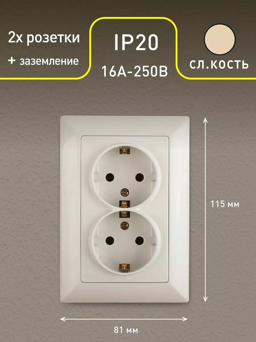 Розетка Intro Solo 2, 2 шт, скрытый монтаж, заземление, максимальная нагрузка 16 А — фото 1