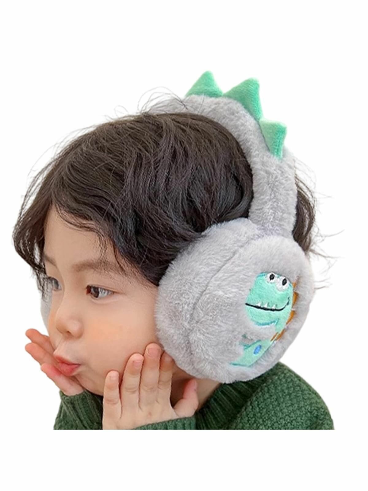 Наушники меховые, Милые детские наушники с маленьким динозавром_серый