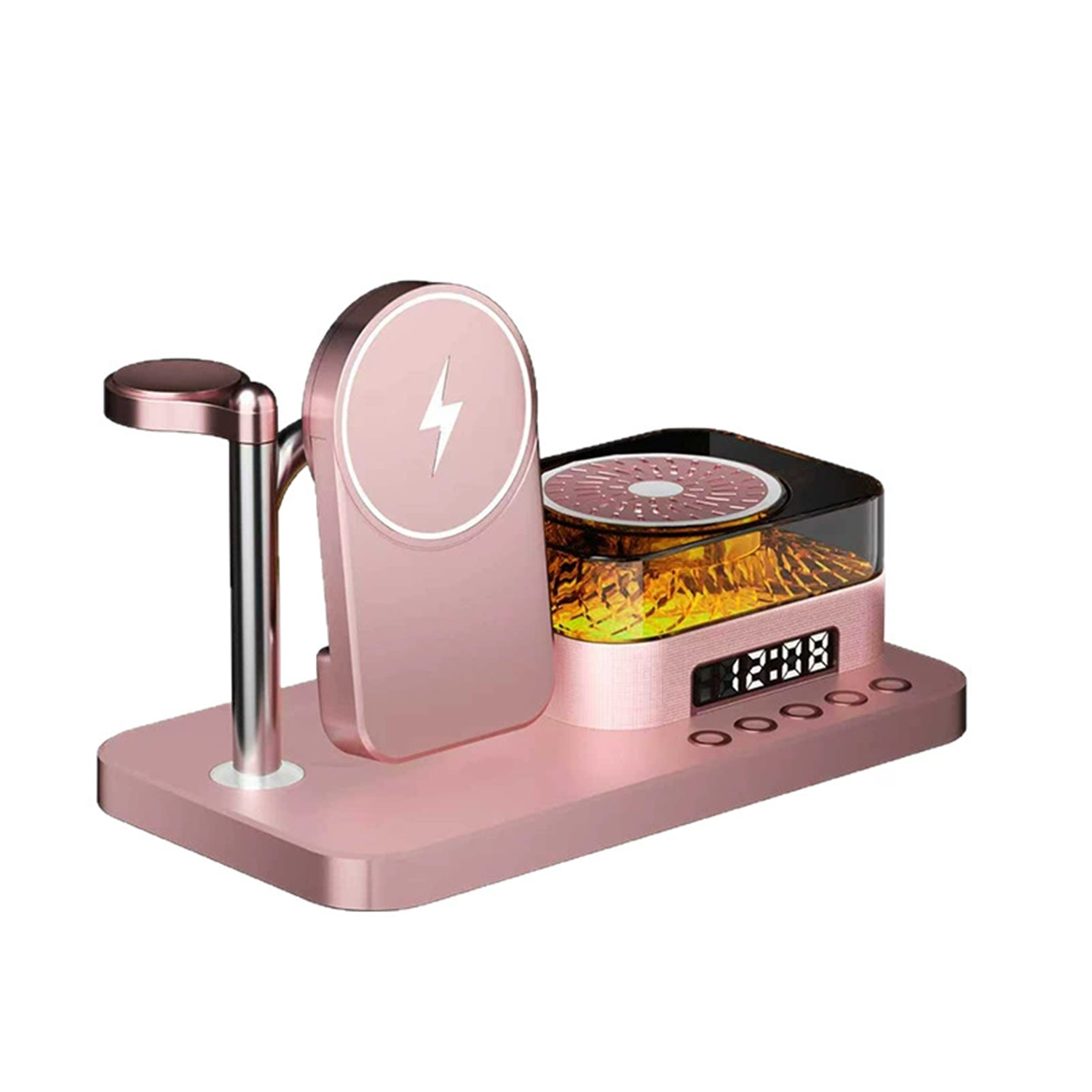 6-in-1 Многофункциональная беспроводная зарядная станция с активацией звуком, RGB фоновым освещением, цифровым часами, будильником, поддерживающая одновременную зарядку нескольких устройств, совместимая с iOS устройствами, модель JF-08, материал ABS +