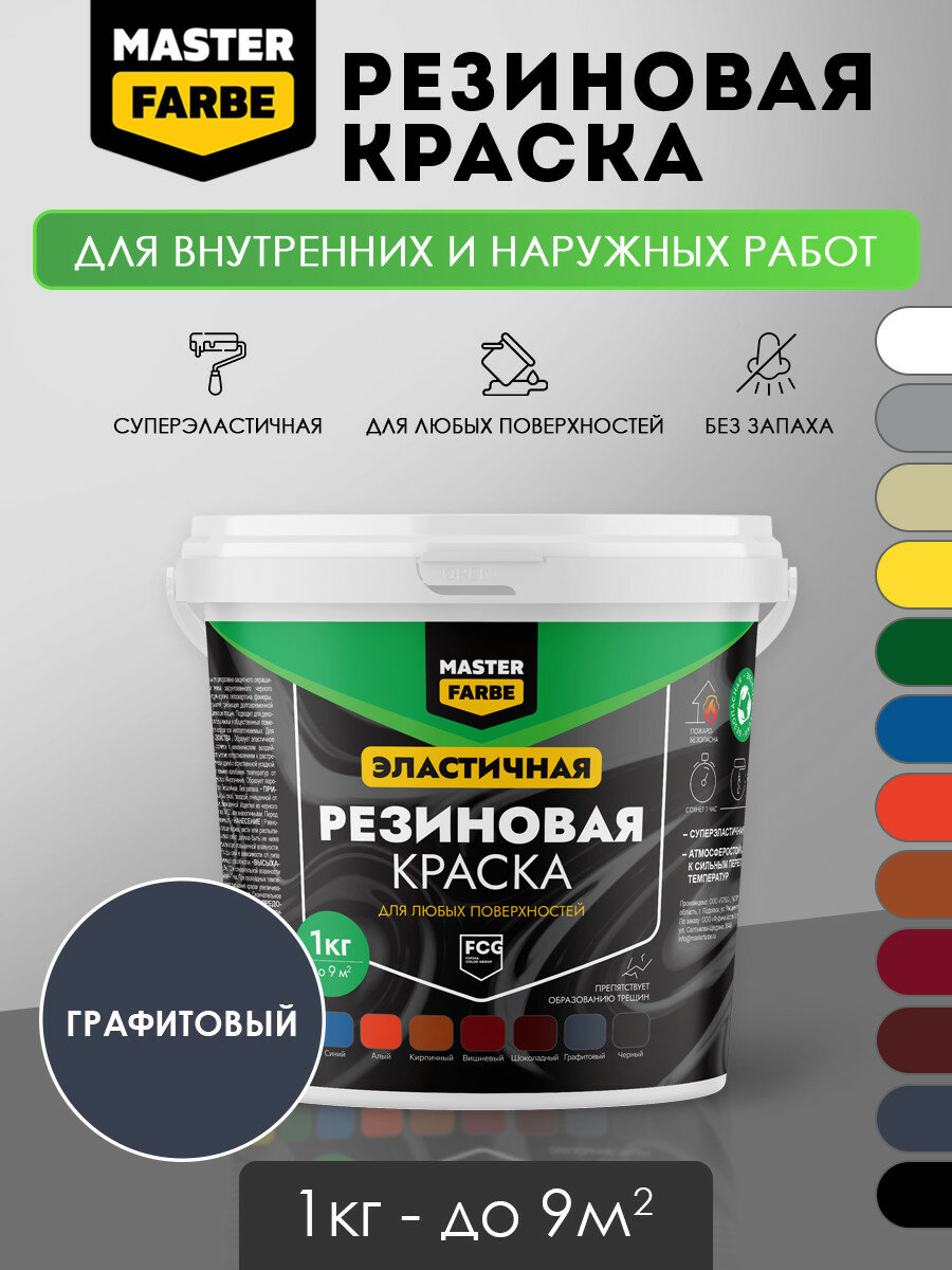 Краска резиновая для наружных и внутренних работ Masterfarbe краска акриловая, эластичная, графитовый 1 кг