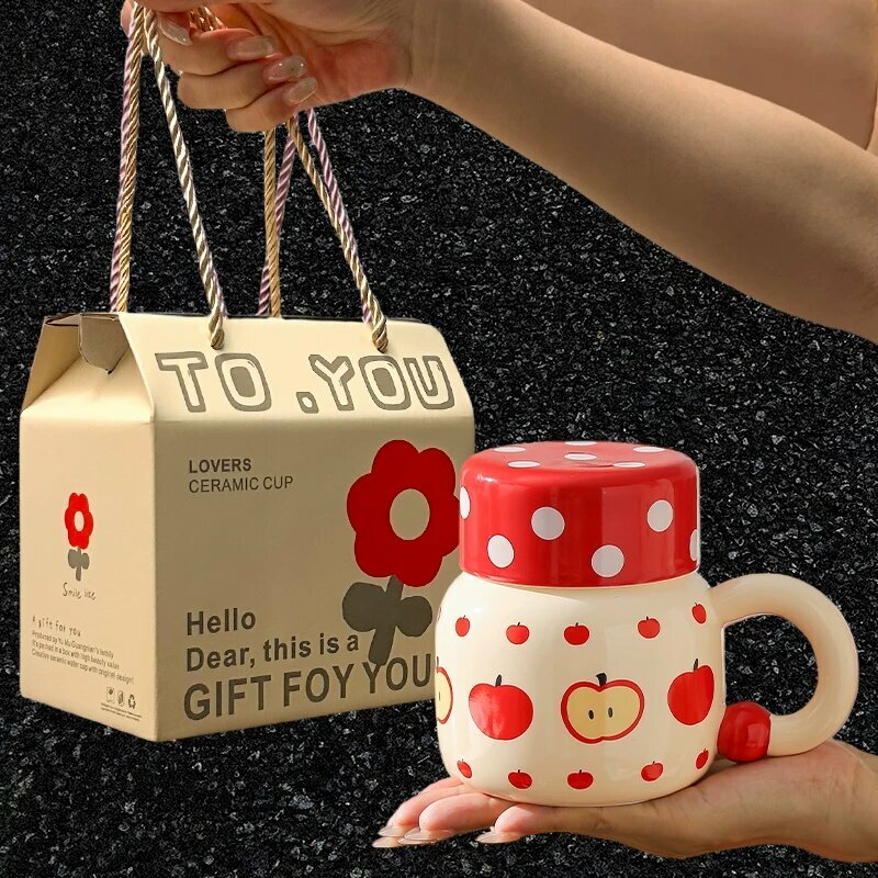 Милая керамическая кружка в форме яблока с крышкой и ложкой, подарок на день рождения, чашка для кофе, чашка для