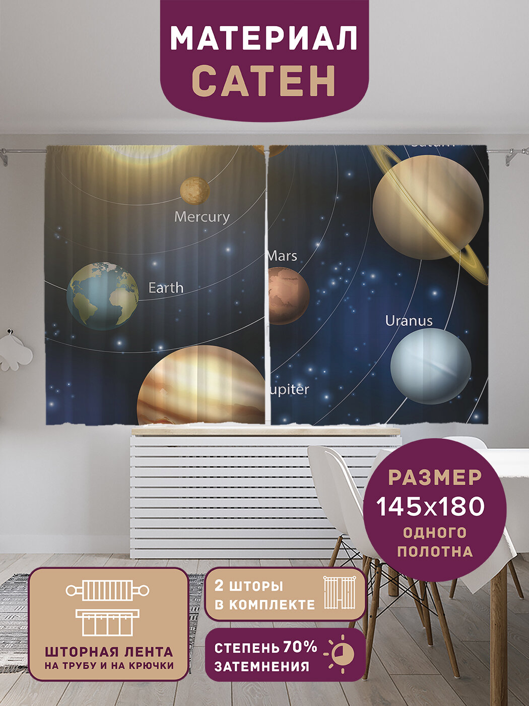 Фотошторы для кухни и спальни "Планеты солнечной системы", 2 полотна шириной по 145 см, высота 180 см, мульти Фотошторы, сатен