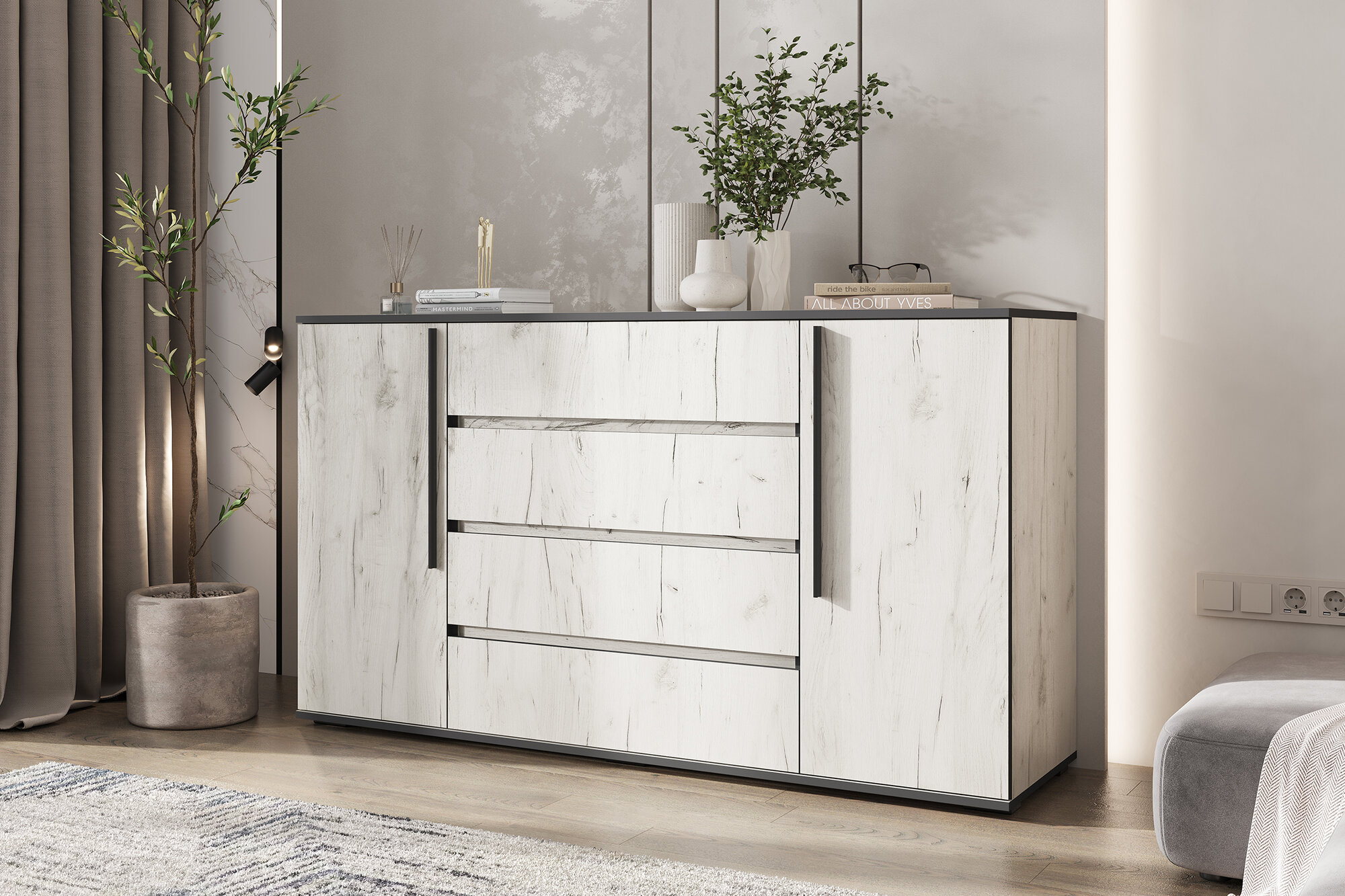 Комод с полками двухдверный 4 ящика 2 полки Норд, 160х90х45 см, Дуб крафт белый