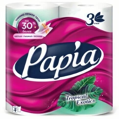 Туалетная бумага HAYAT "Papia", белая, с ароматом Тропическая экзотика и рисунком, трехслойная, 4 шт (5080757)