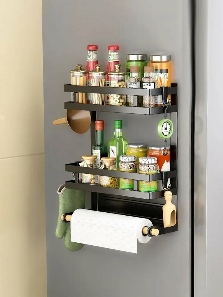 Магнитная кухонная полка, крепление магнитное, органайзер для хранения, 30х37см, черная