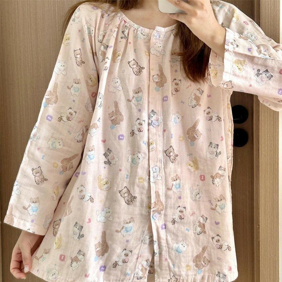 Пижама с рисунком из мультфильма, женская, новая, милая, с котятами, повседневная, простая, весенне-осенний комплект домашней одежды, размер:2XL