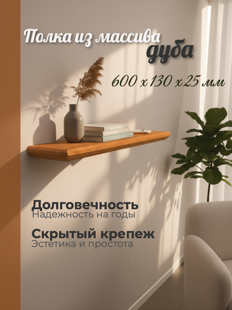 Полка из массива дуба 600х130х25 мм, скрытый крепеж, для дома, ванны, офиса