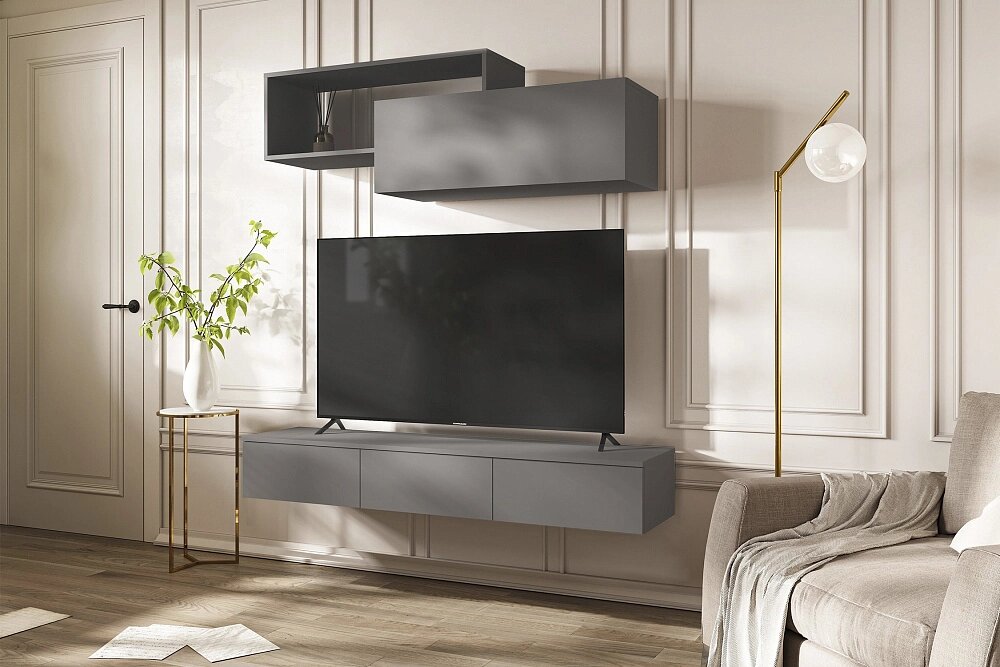 Гостиная комплект, полка двухъярусная 138.8х35х46 см, полка навесная с ящиками 150.2х35х22 см, Челси 2, Графит