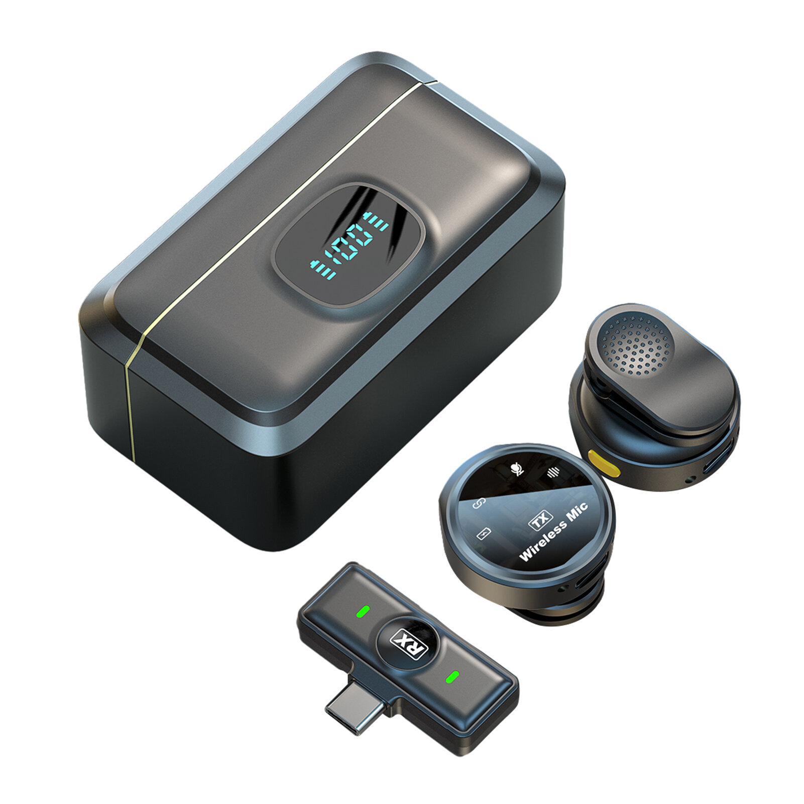 One-Trigger-Two 2.4G беспроводной микрофон с магнитным креплением для смартфонов с шумоподавлением реального времени мониторинга встроенной батареей с зарядным футляром для Type-C Android смартфонов планшетов, 2 передатчика, 1 приемник, 1 зарядный