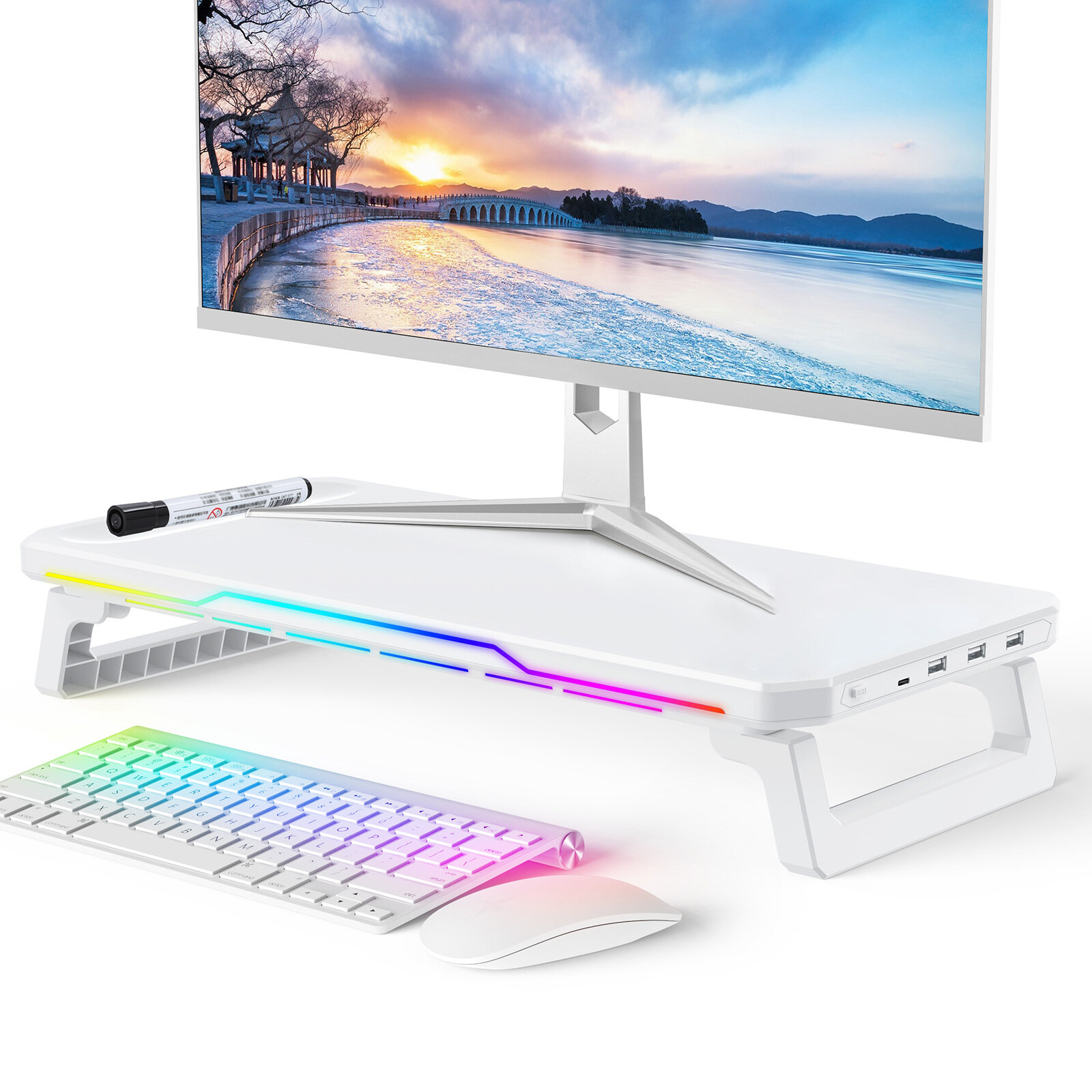 Большая подставка для монитора с RGB-подсветкой и USB-хабом, белая для ноутбуков и десктопов
