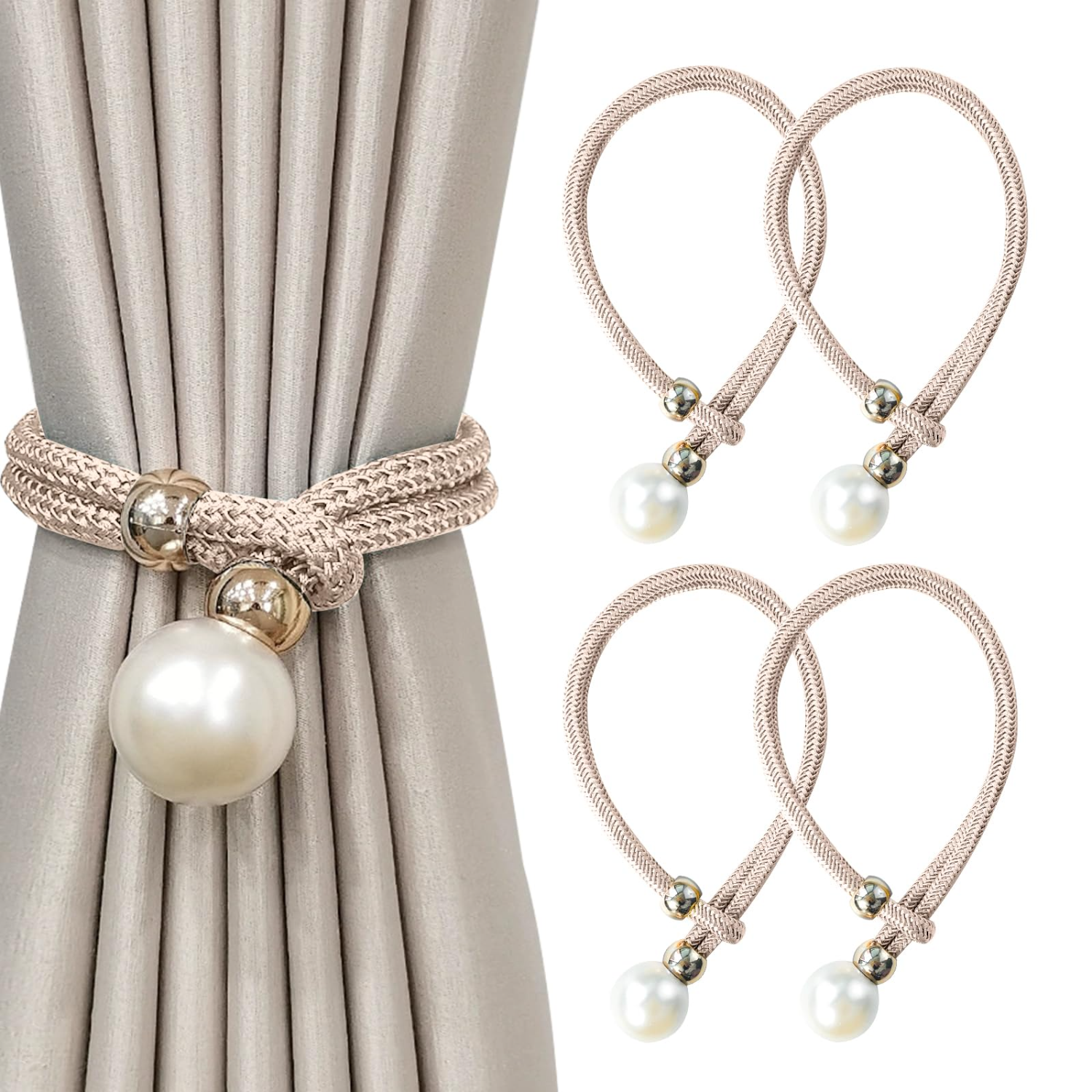 Набор из 4 больших жемчужных шнуров для штор для декора дома и офиса (п бежевого цвета), размеры 51 x 3,5 см, материал: плетёный полиэстеровый шнур + большие фальшивые жемчужные шары, вес 105 г/пара, цвет: шампанское