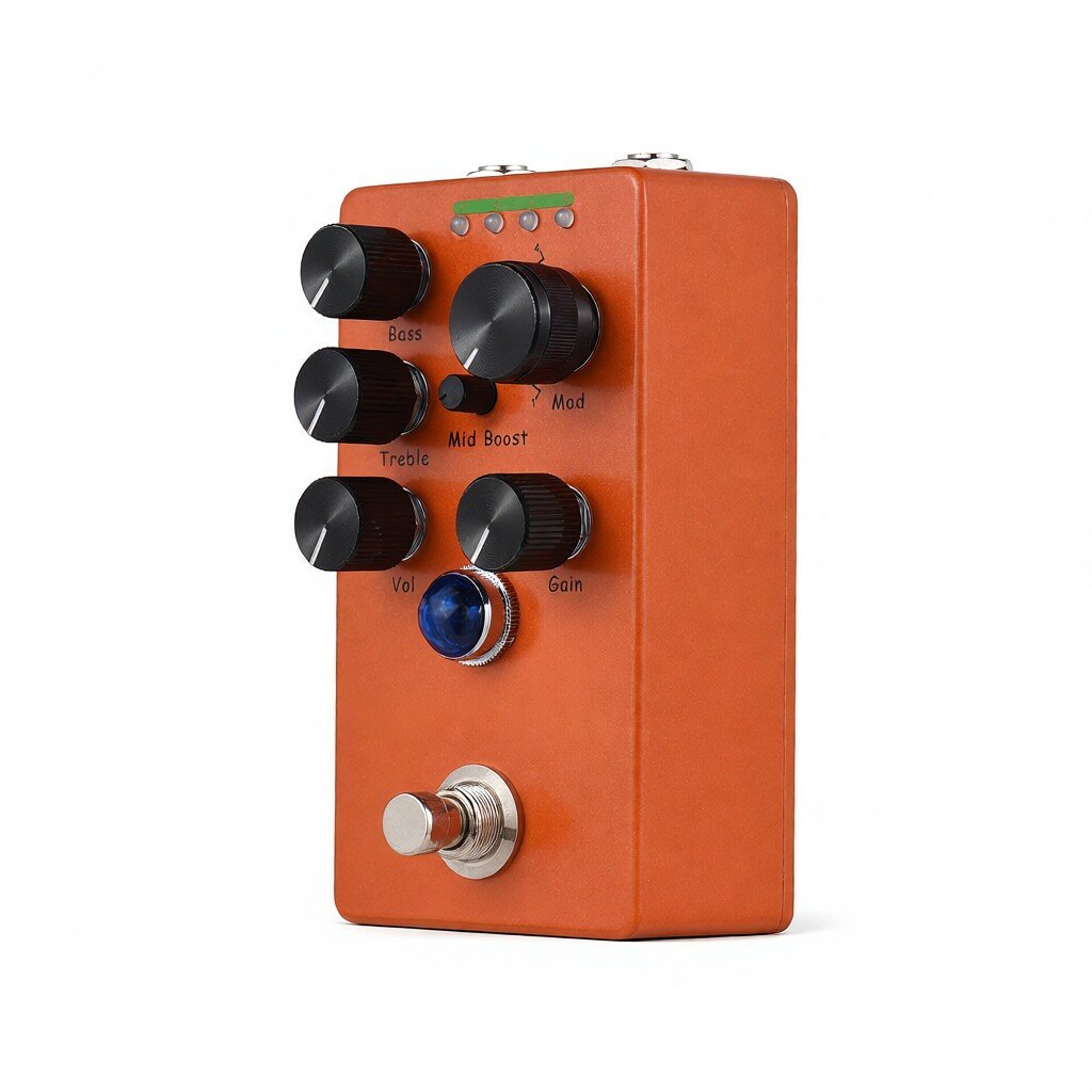 Педаль эффектов преампа и овердрайва для электрогитары BLACK JUICE с контролем Gain, Mid Boost, Volume, Treble, Bass, 4-режимами, интерфейсом DC 9V, 6.35mm вход/выход, цветом Orange, размером 11.5*6.5*5cm, весом 320g, материалом алюминиевым сплавом, 1 шт.