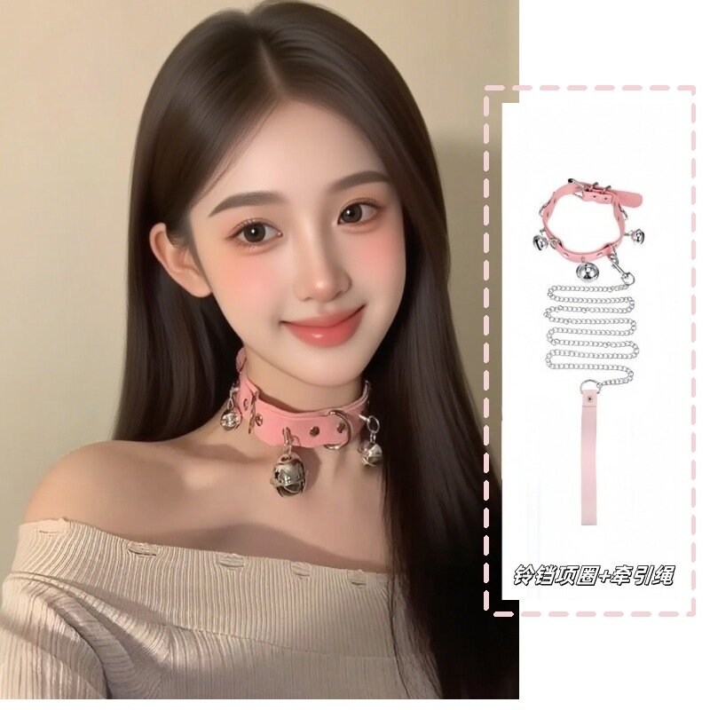 Секс-аксессуары: Колье-чокер, цепочка-поводок для подруги, аксессуар для БДСМ-секса, кольцо на шею, металлическое колье. Розовый милый и стильный чокер + поводок.