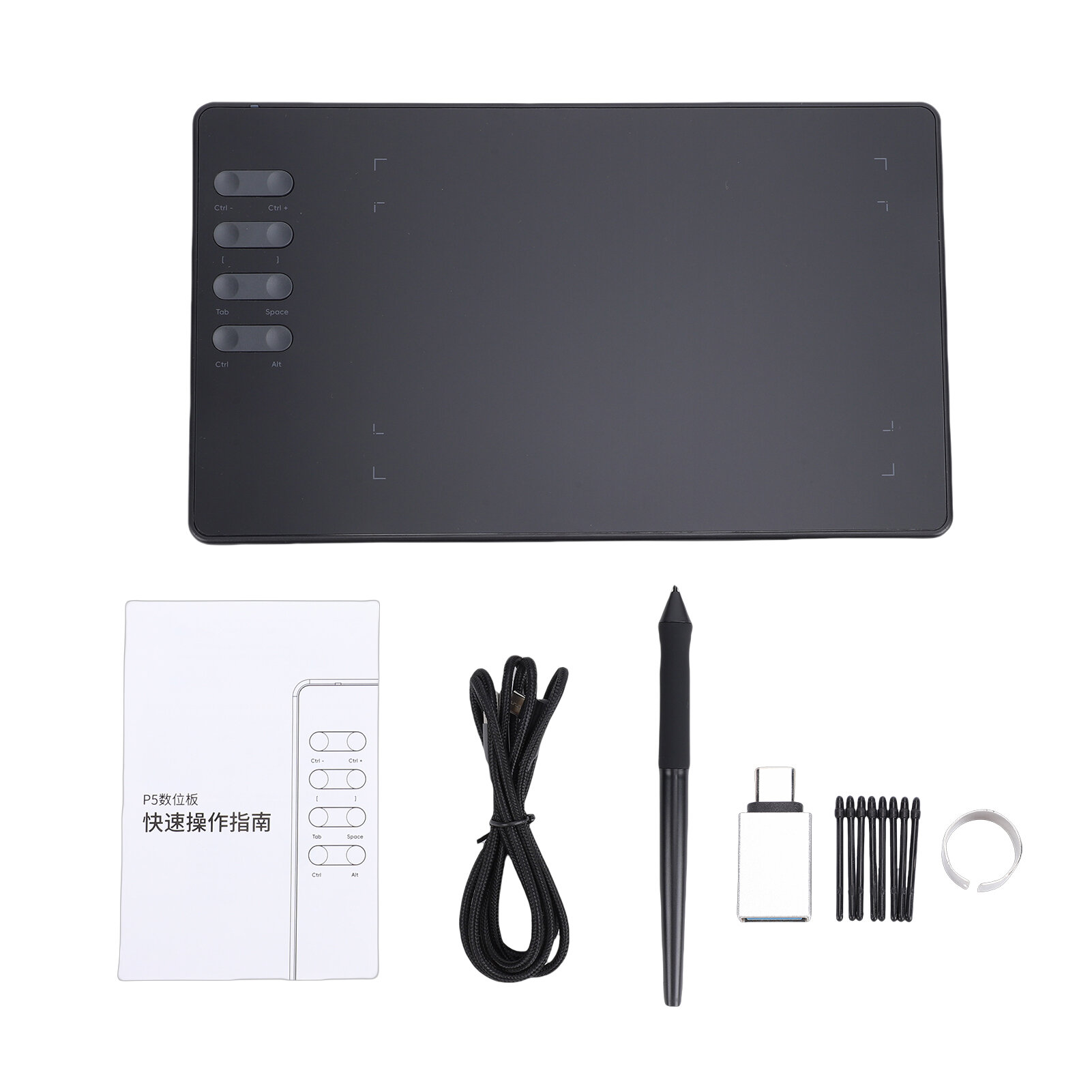 Графический планшет для рисования с активной областью 195x122 мм, 16384 уровнями чувствительности к нажатию, 8 сочетаниями клавиш и стилусом, OTG-адаптер для Windows/MAC/Android, совместим с Sketchbook/Illustrator, Designer, Teachers, Student P5.