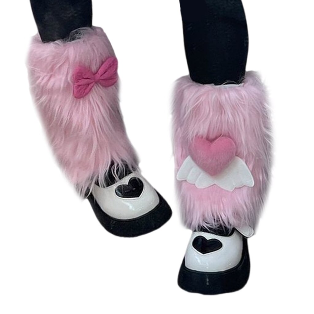 Плюшевые Пушистые Гетры Harajuku для Женщин с 3D Рукавами в виде Сердца и банта, Толстые Пушистые Бахилы, Теплые Носки Без Носков