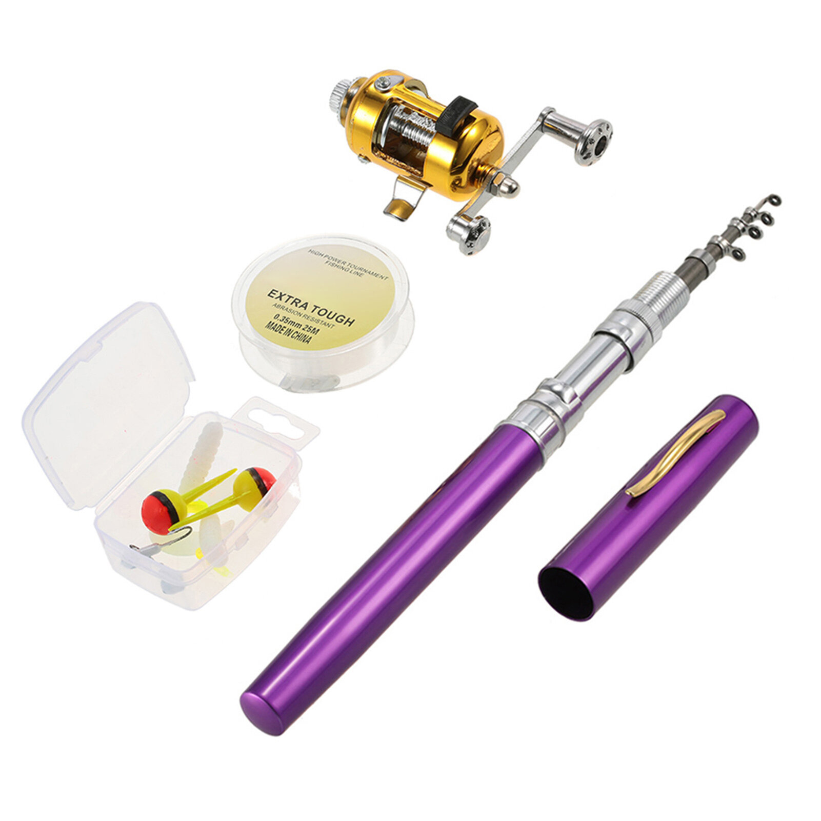 Набор для рыбалки: миниатюрная телескопическая удочка с катушкой, карманная ручка, леска из алюминиевого сплава, мягкие приманки, джиг-крючки.