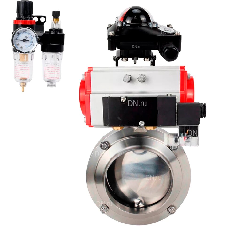 Затвор дисковый поворотный DN. ru 304-304-Sil-2W-W-H Ду25 Ру10 пищевая нержавеющая сталь 304, уплотнение - Silicon, с пневмоприводом DA-065, пневмораспределителем PND2-S1EM-52-1NC-J08-220VAC, БКВ LSB-210-02NM12-220/24 и БПВ APU1-10-40-V08