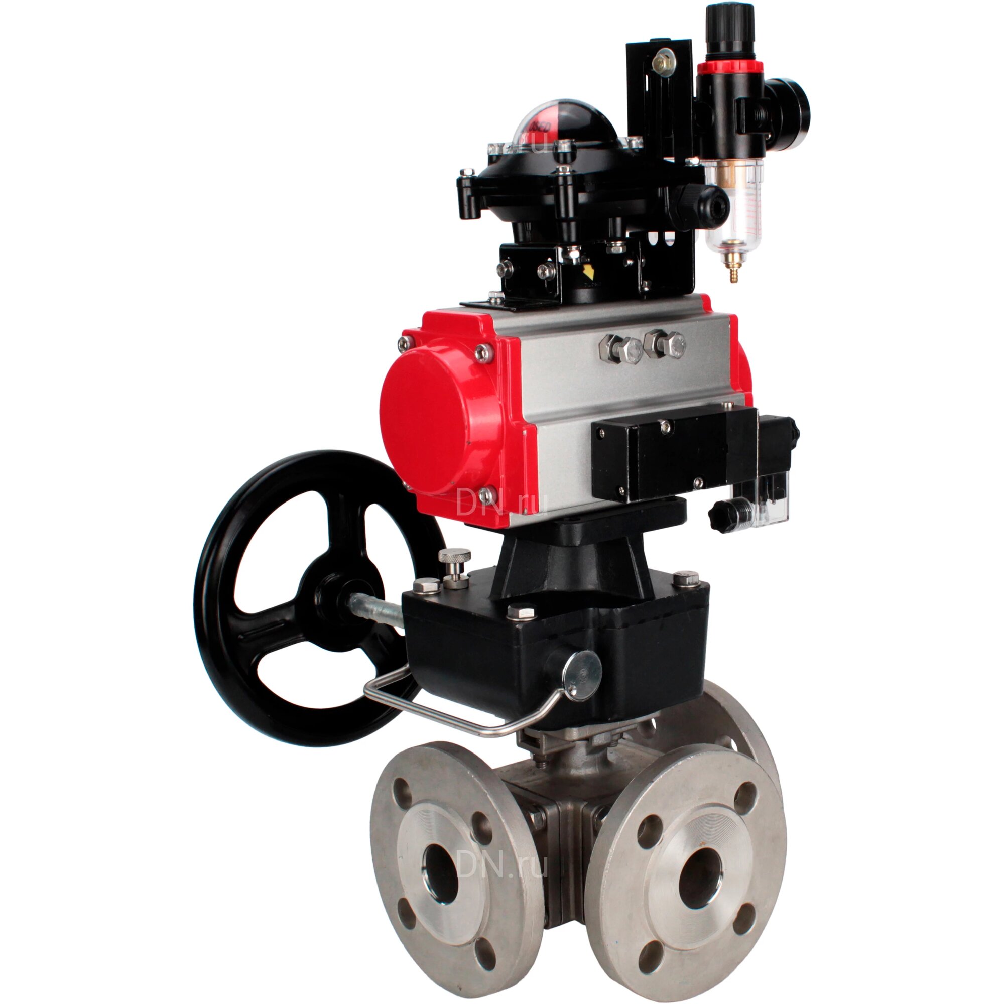 Кран шаровой DN.ru 316-316-PTFE Ду20 Ру16 полнопроходной, тип L, фланцевый, корпус нержавеющая сталь SS316, ISO-фланец F04/F05 квадрат 11х11, с пневмоприводом DA-052, пневмораспределителем 24VDC, БКВ LSB-210, ручным дублером HDM-1 и БПВ APU1-10-40-V08
