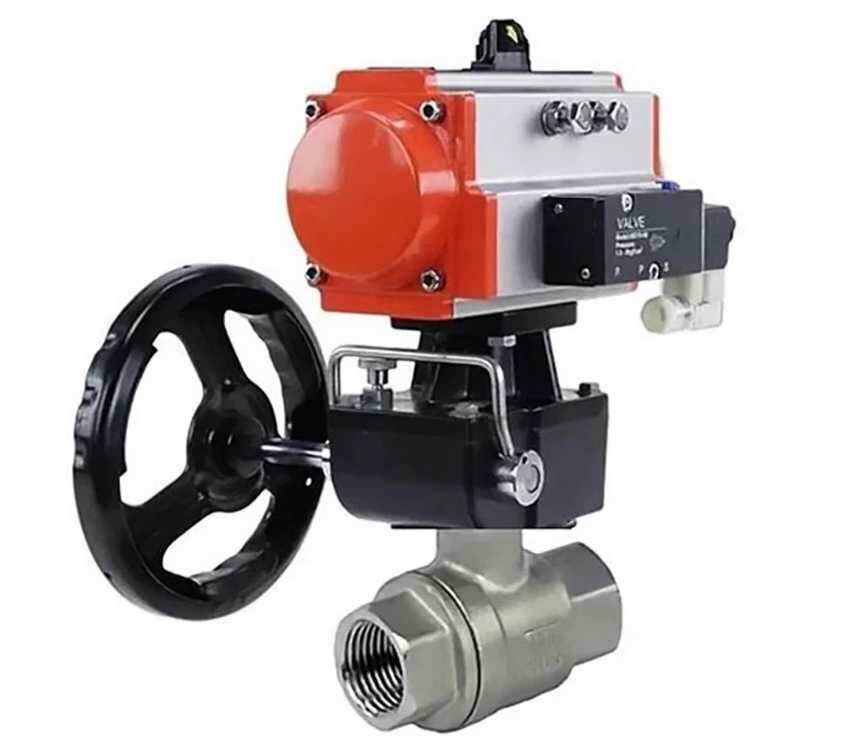 Кран шаровой DN.ru кшмп.316.230-ISO Ду50 Ру63 полнопроходной, внутренняя резьба, нержавеющая сталь 316, уплотнение - PTFE, с пневмоприводом DA-065, пневмораспределителем PND2-S1EM-52-1NC-J08-24VDC, ручным дублером HDM-1